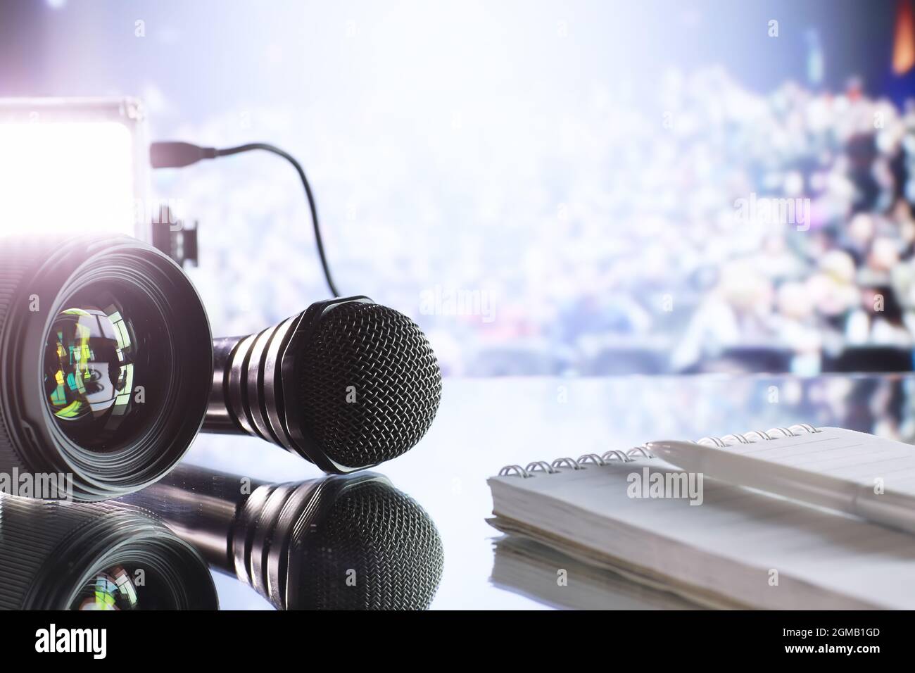 The microphone on the stage in front of the hall. Performance on stage ...