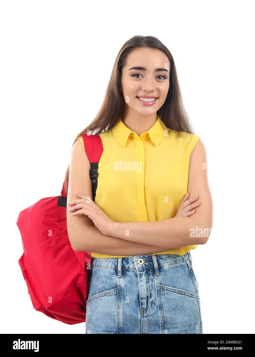 Student with backpack on white background. Preparing for exam Stock ...