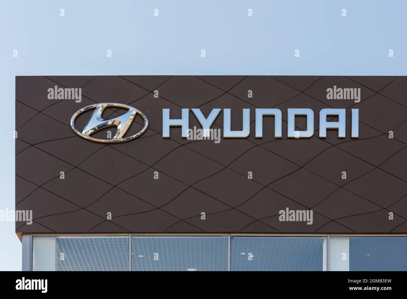 Hyundai logo on car dealership building - Hyundai is a South Korean ...