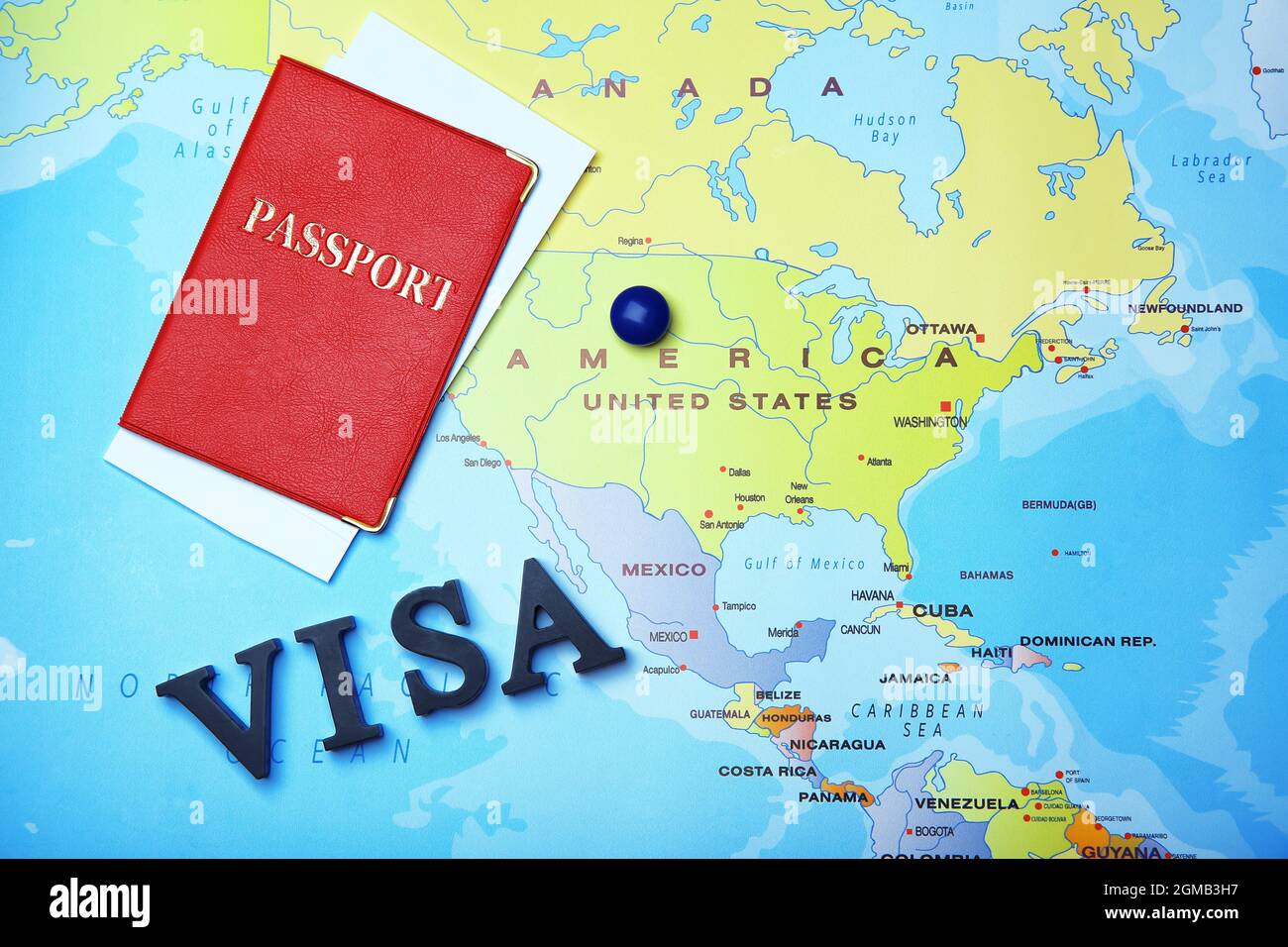 Passport and word VISA on map Stock Photo - Alamy
