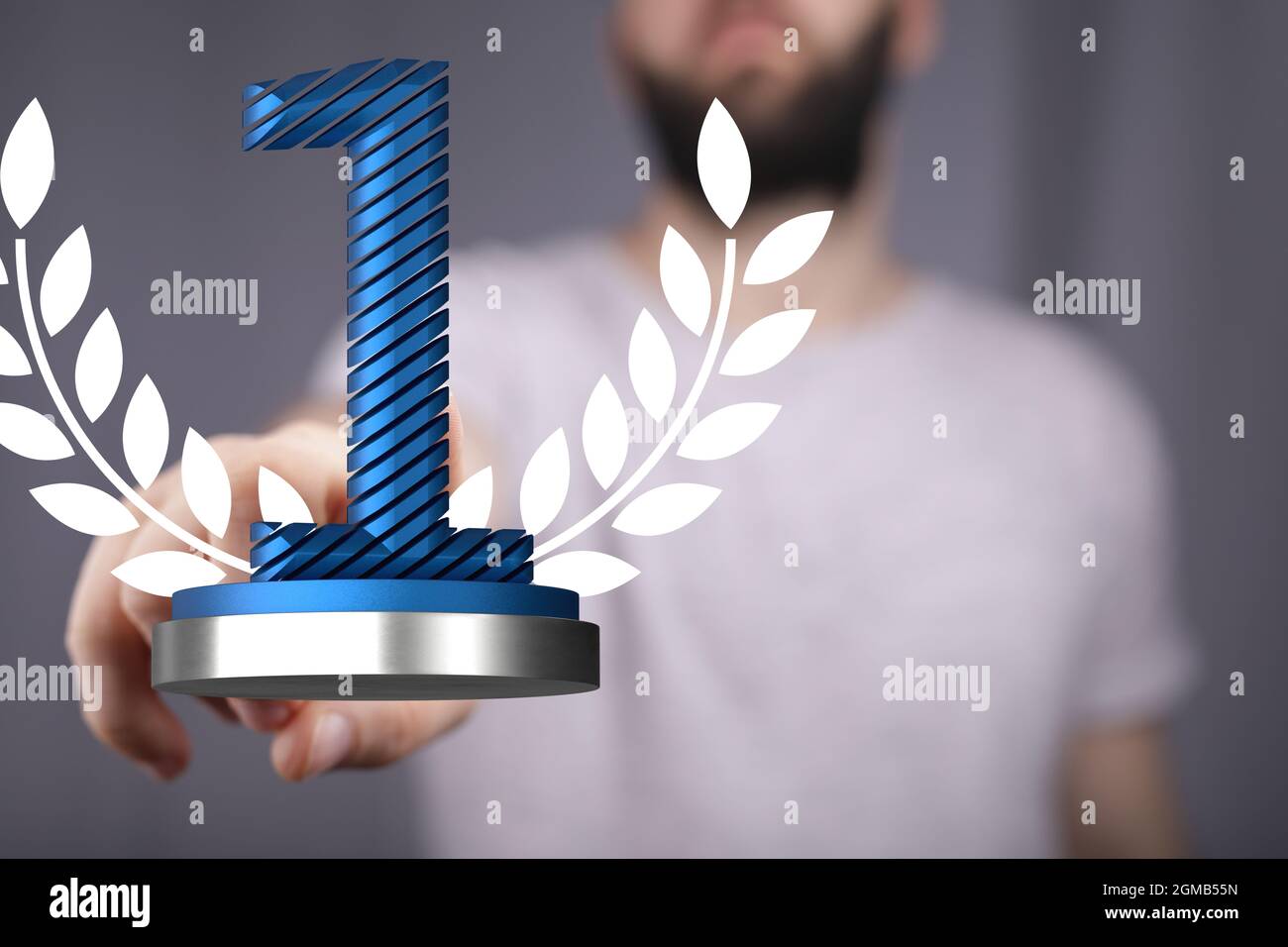 Male hand with a 3d rendered of winner first place on male hands Stock ...