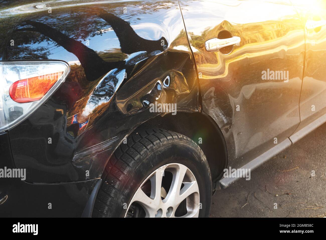 Wrecked car after traffic accident crash on the road. Insurance, safety ...