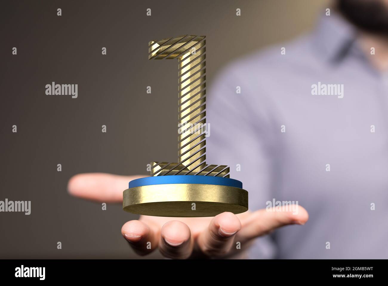 Male hand with a 3d rendered of winner first place on male hands Stock ...