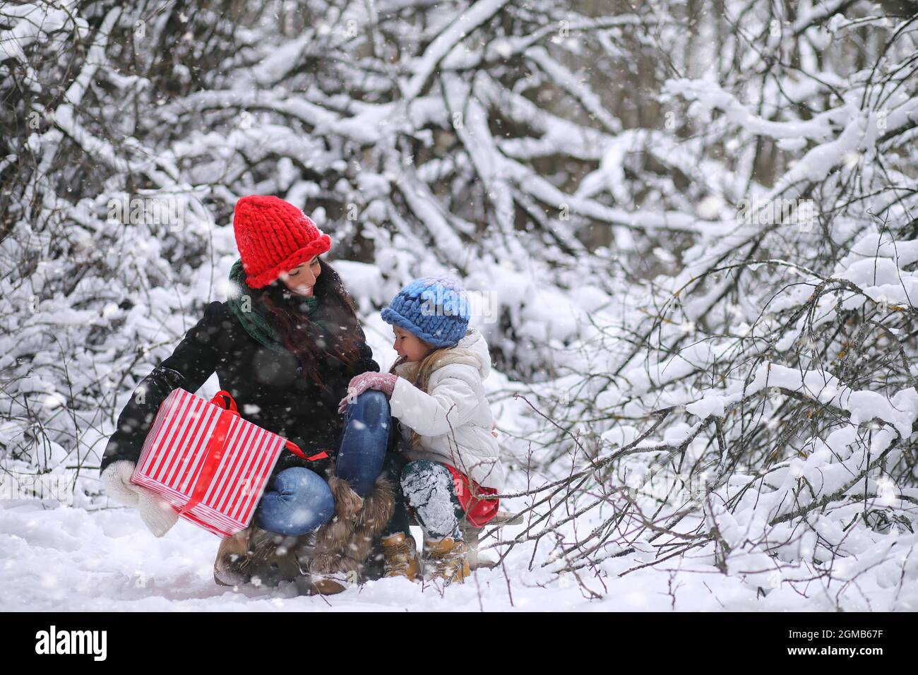 Winter fairy tale, a young mother and her daughter ride a sled in the ...