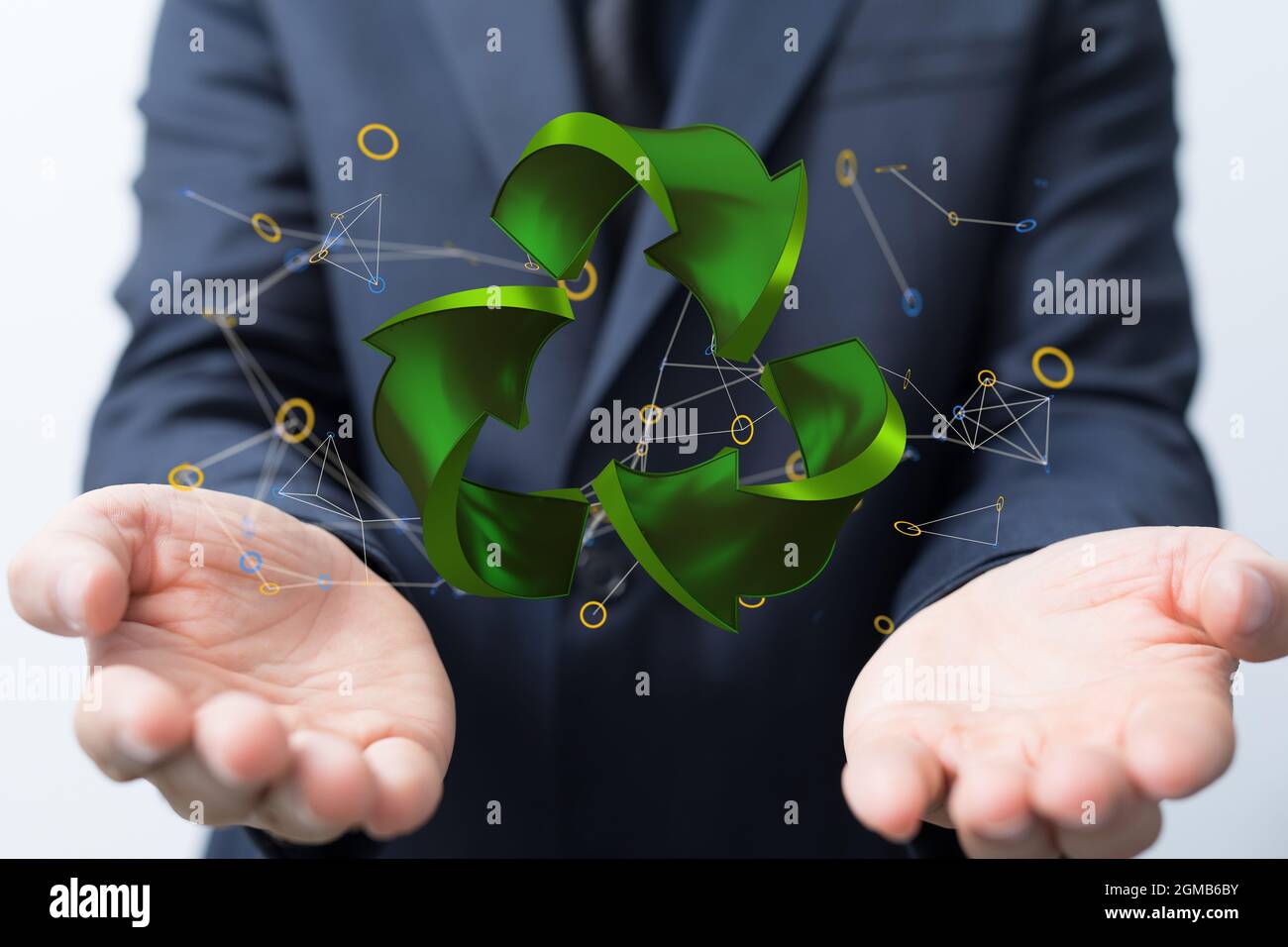 Male hands with 3d rendered of recycling green symbol with graphics on ...