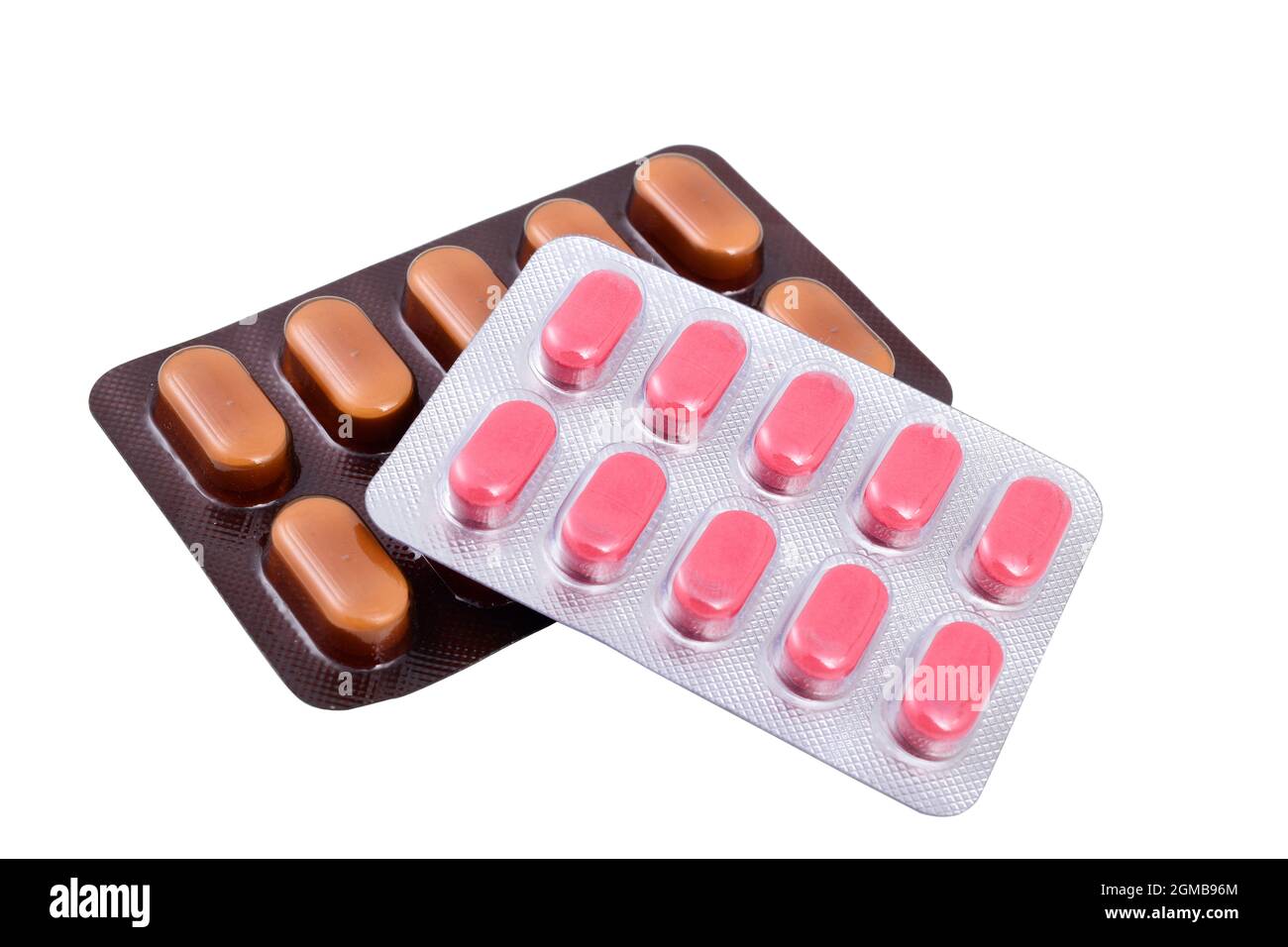 brown and pink medicine pack isolated on white background Stock Photo ...