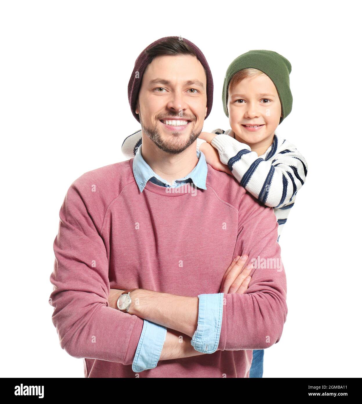 Stylish father and son on white background Stock Photo - Alamy