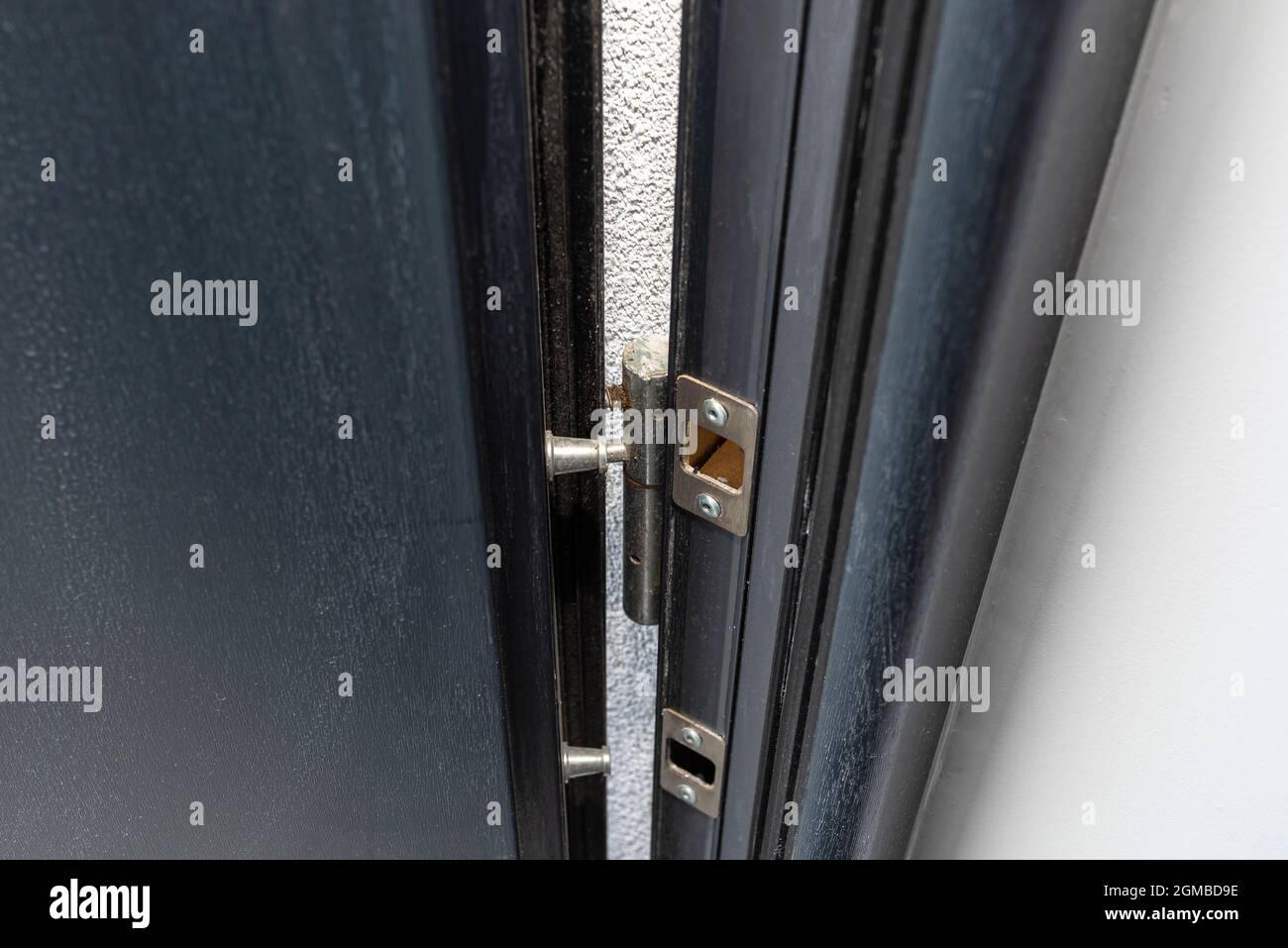 Modern anti burglary entrance door with visible hinges and bolt, in ...