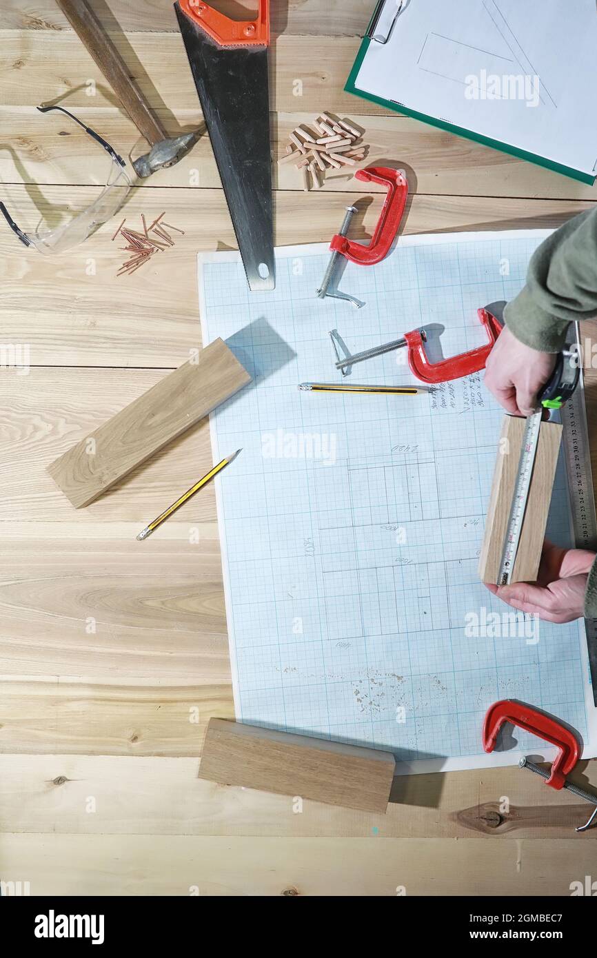 workshop with tools and electric saws in the process of manufacturing ...