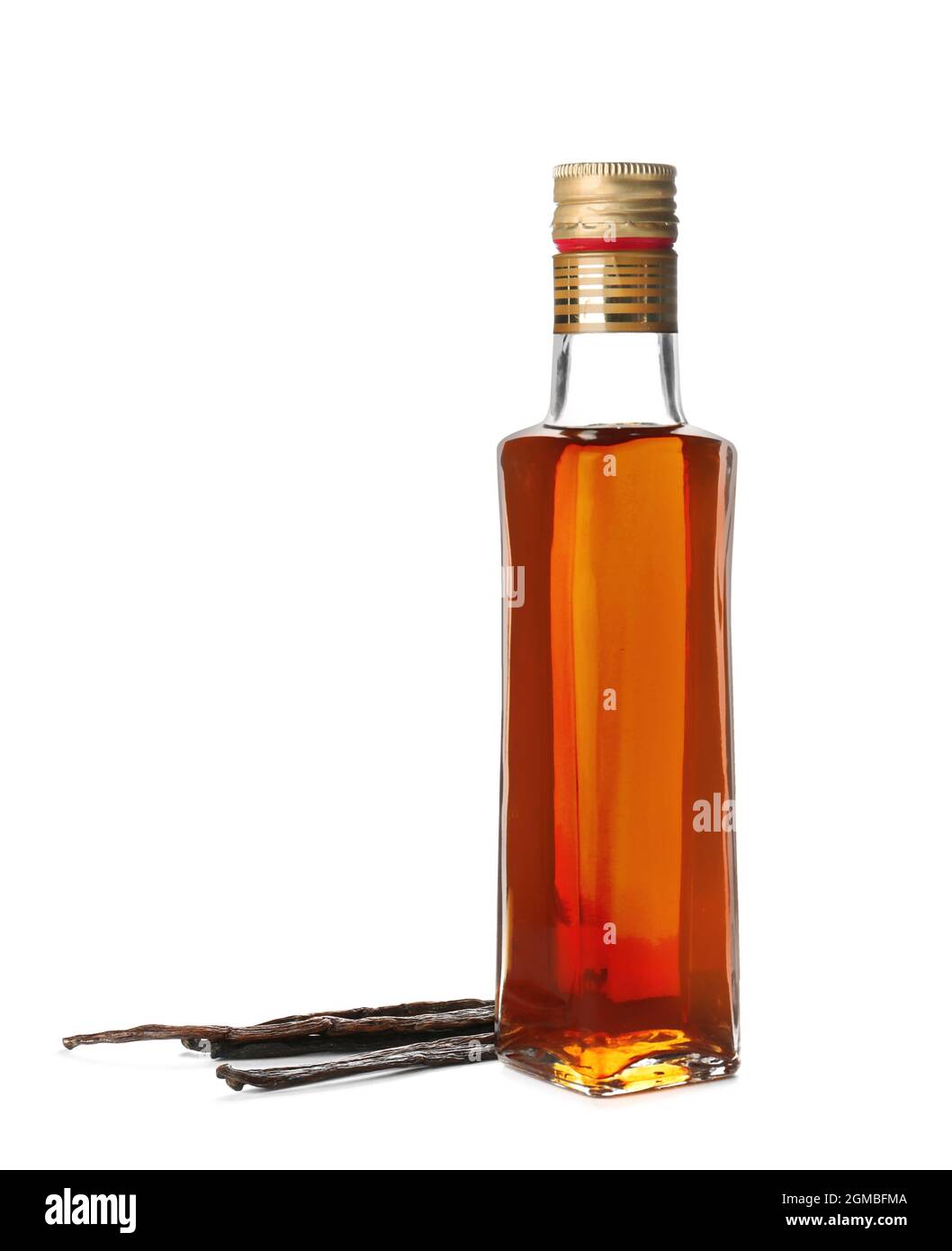 Bottle with vanilla extract and sticks on white background Stock Photo ...