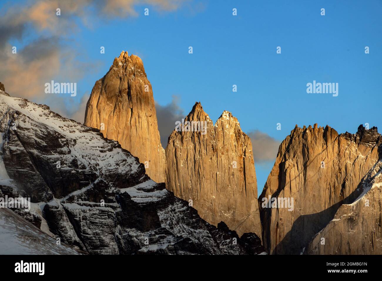 Torres del Paine granite spires catching the rising sun, Patagonia ...