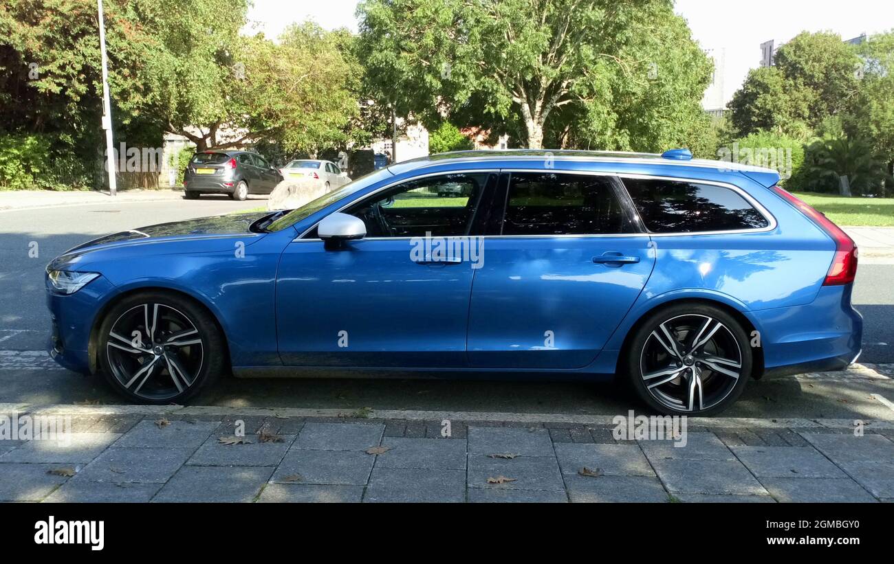 A 2017 registered blue Volvo V90 car parked in Plymouth, Devon, England ...