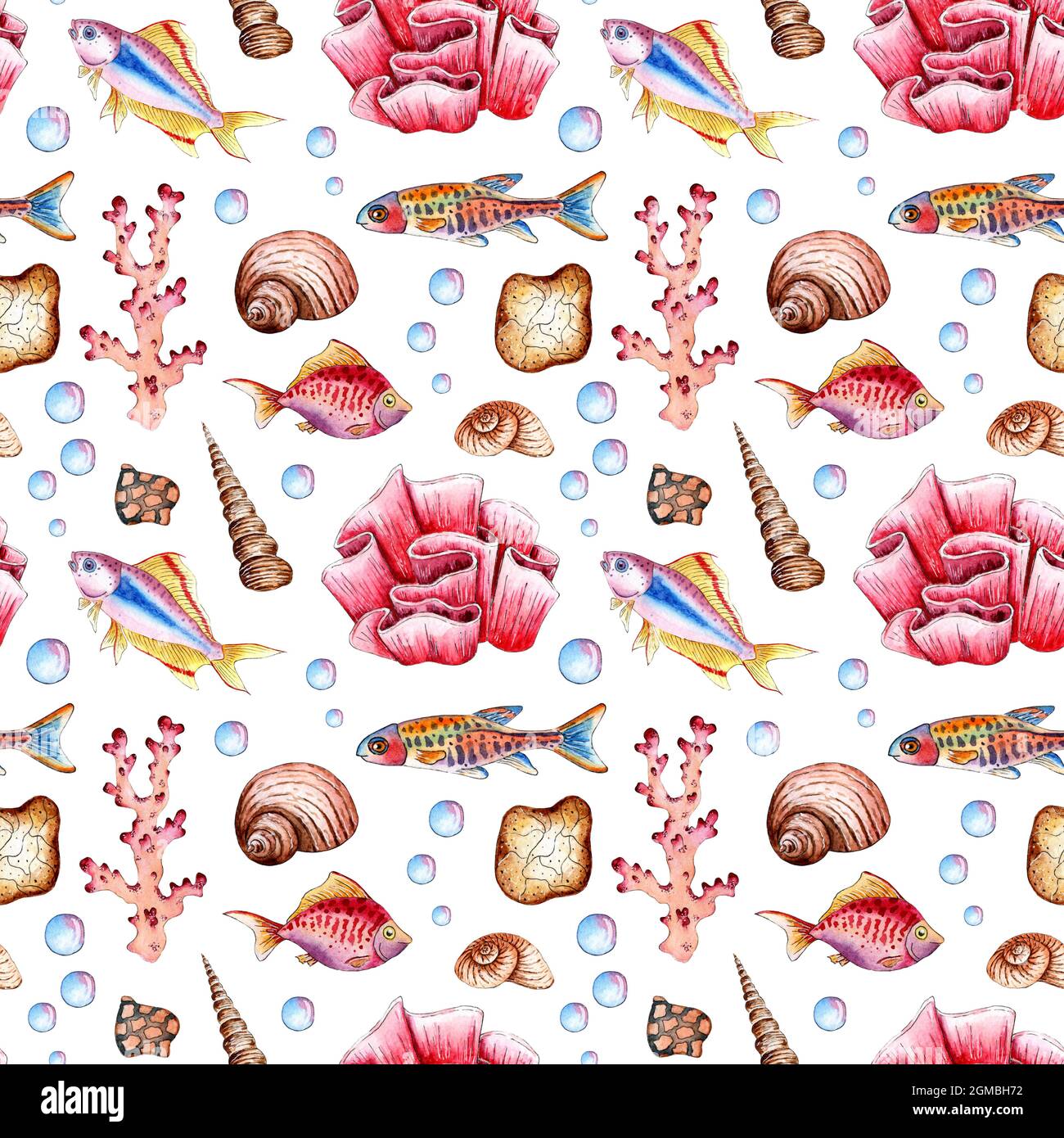 Watercolor illustration of a marine pattern of fishes, seashells ...