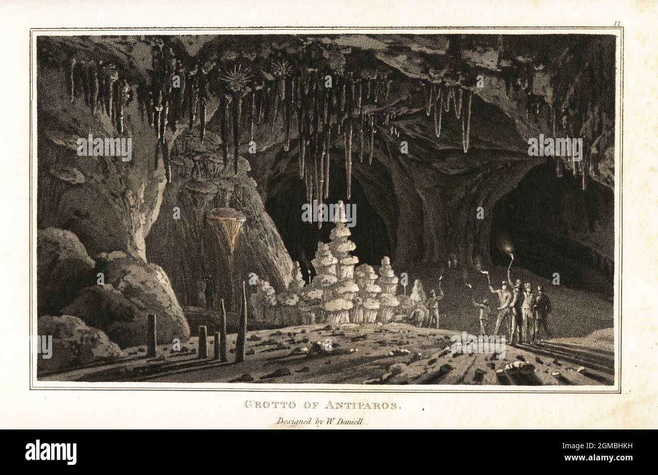 Tourists with torches exploring the grotto of Antiparos, Aegean Sea ...