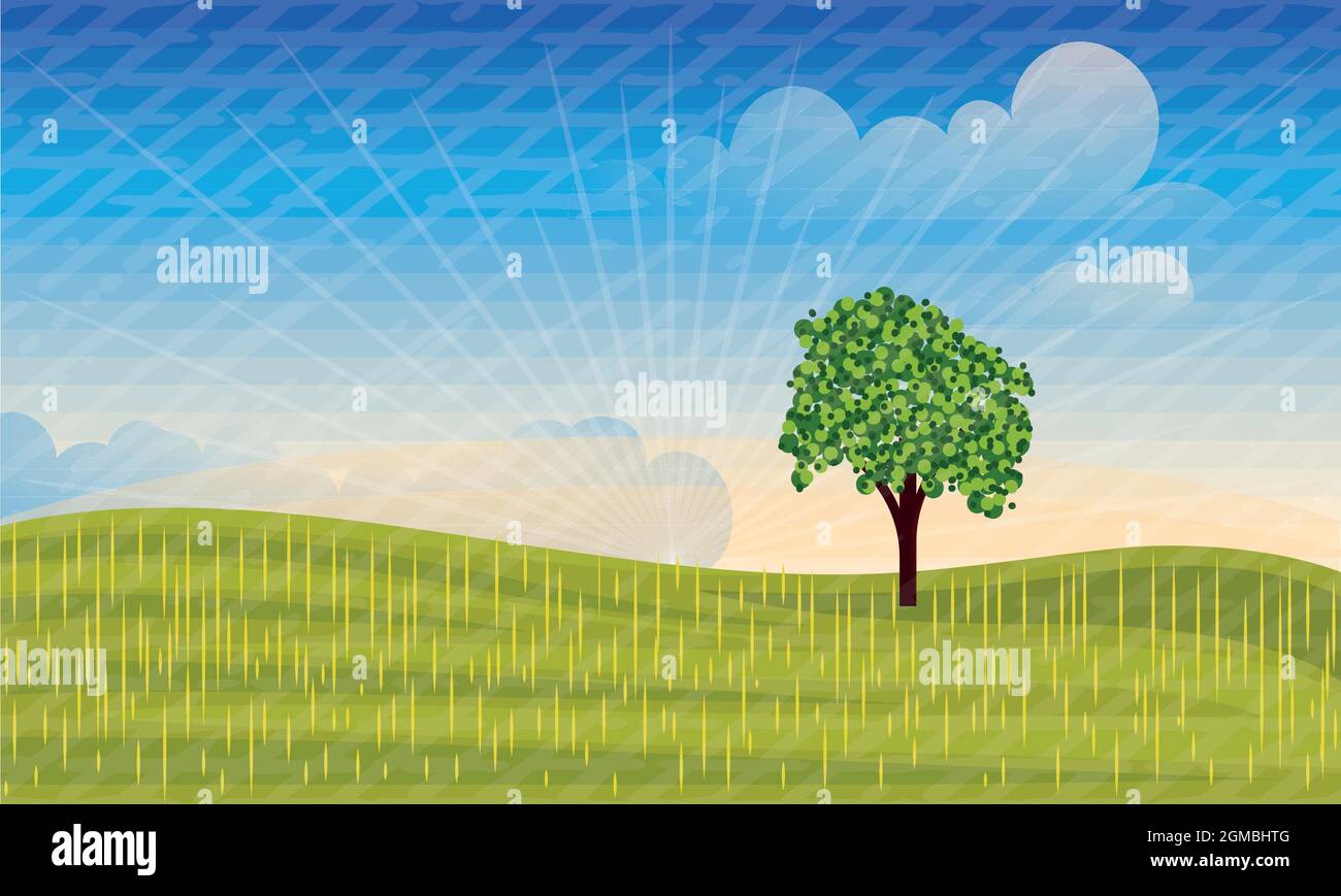 Tree in the open field Summer landscape Vector illustration Stock ...