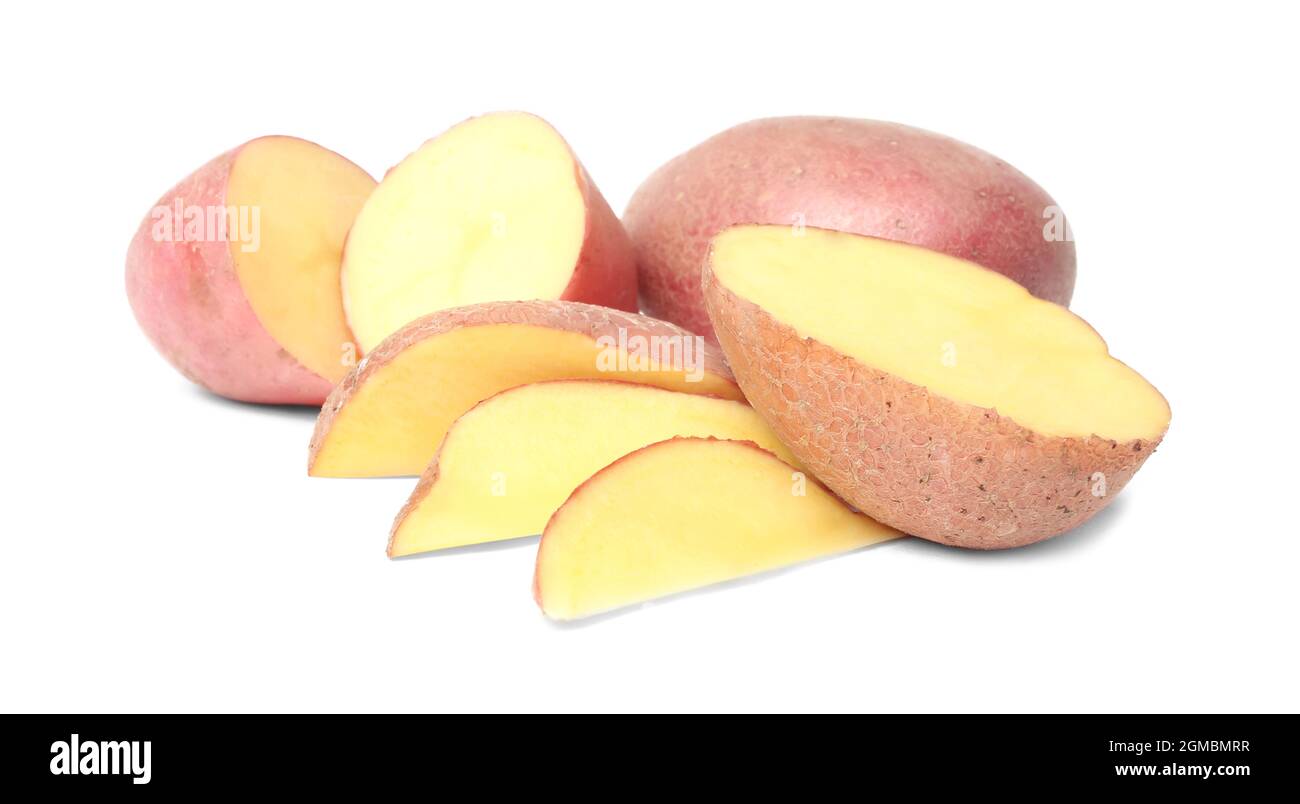 Raw fresh sliced potato on white background Stock Photo - Alamy