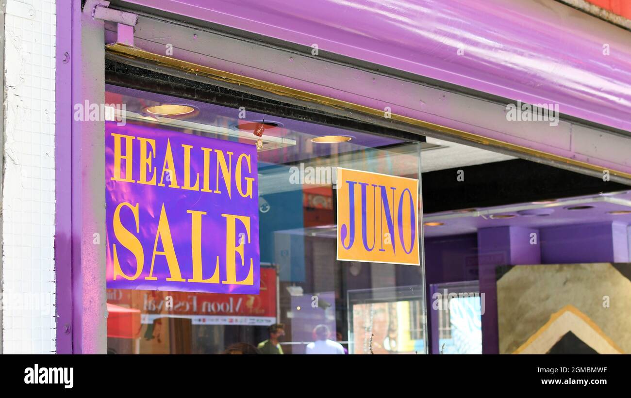 Healing sale sign at a shop window in San Francisco, California, USA ...