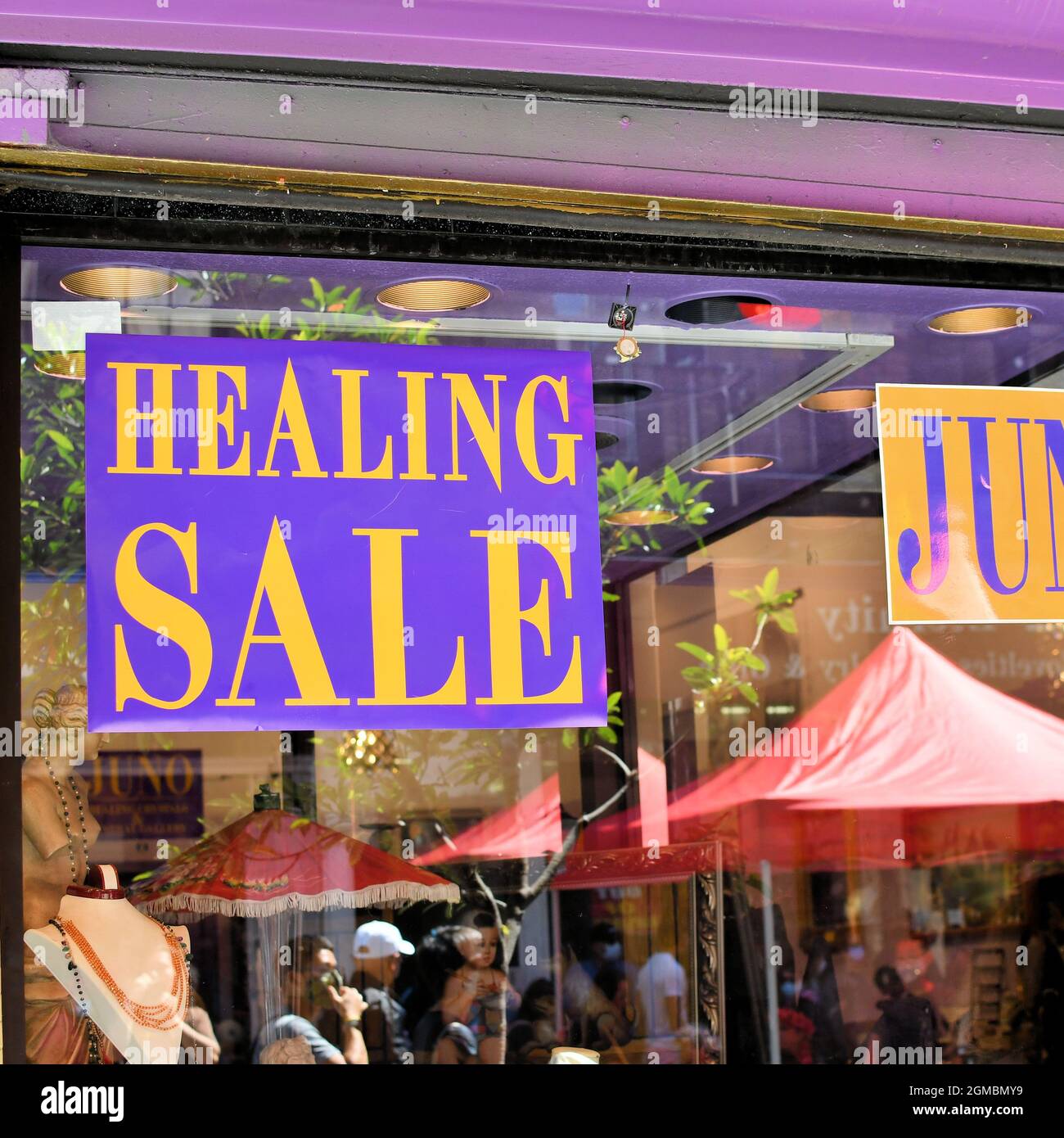Healing sale sign at a shop window in San Francisco, California, USA ...
