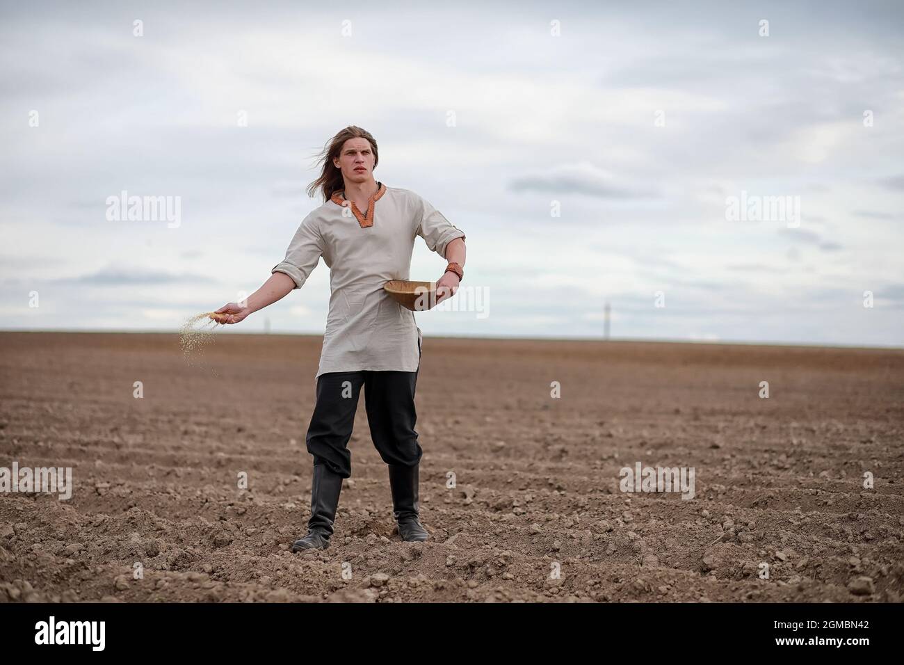A young peasant of the Scandinavian appearance sows the field with ...