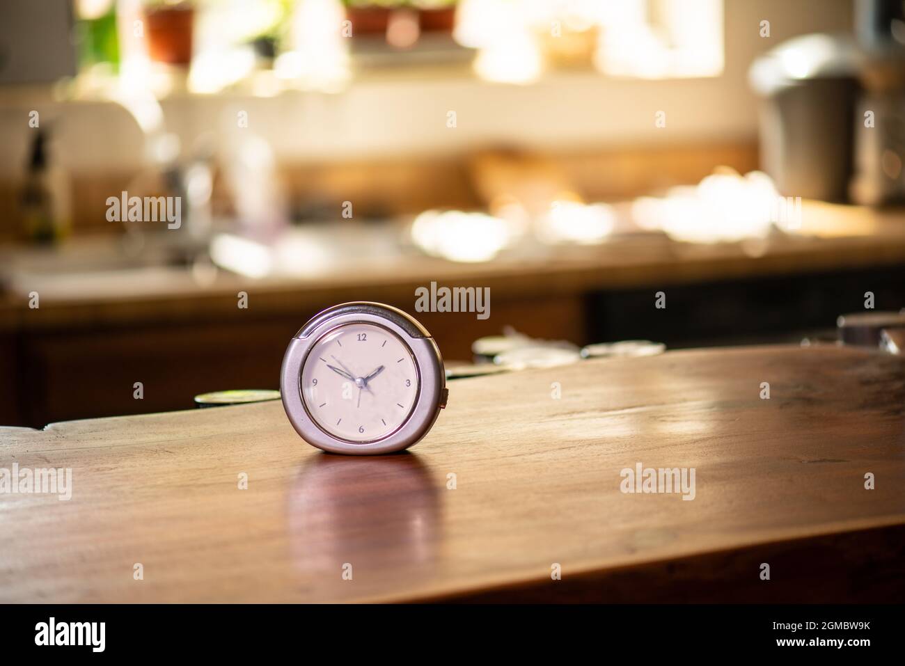 clock on wooden counter in kitchen with window and herbs in background ...