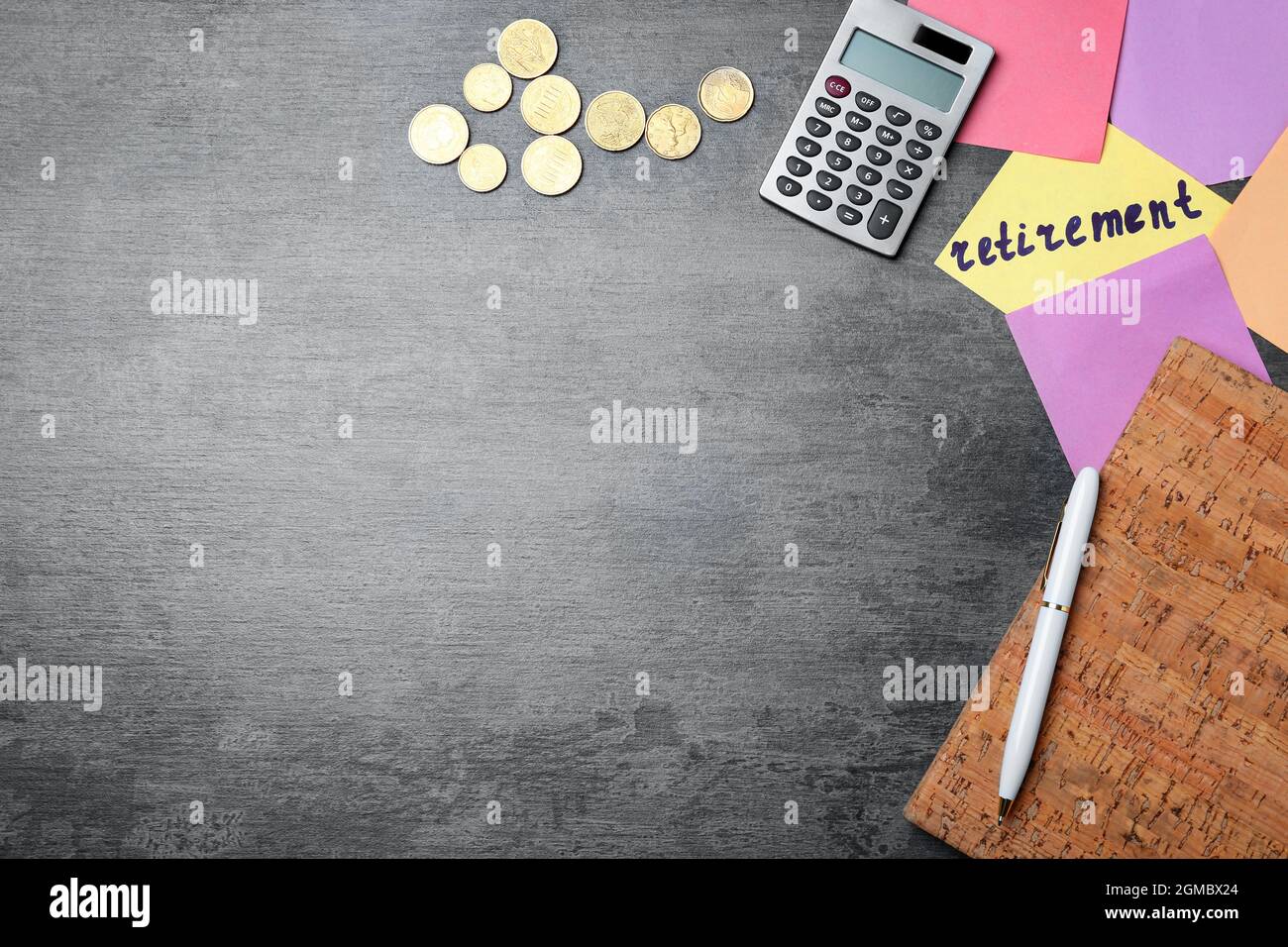 Composition with stationery on grey background. Pension planning Stock ...