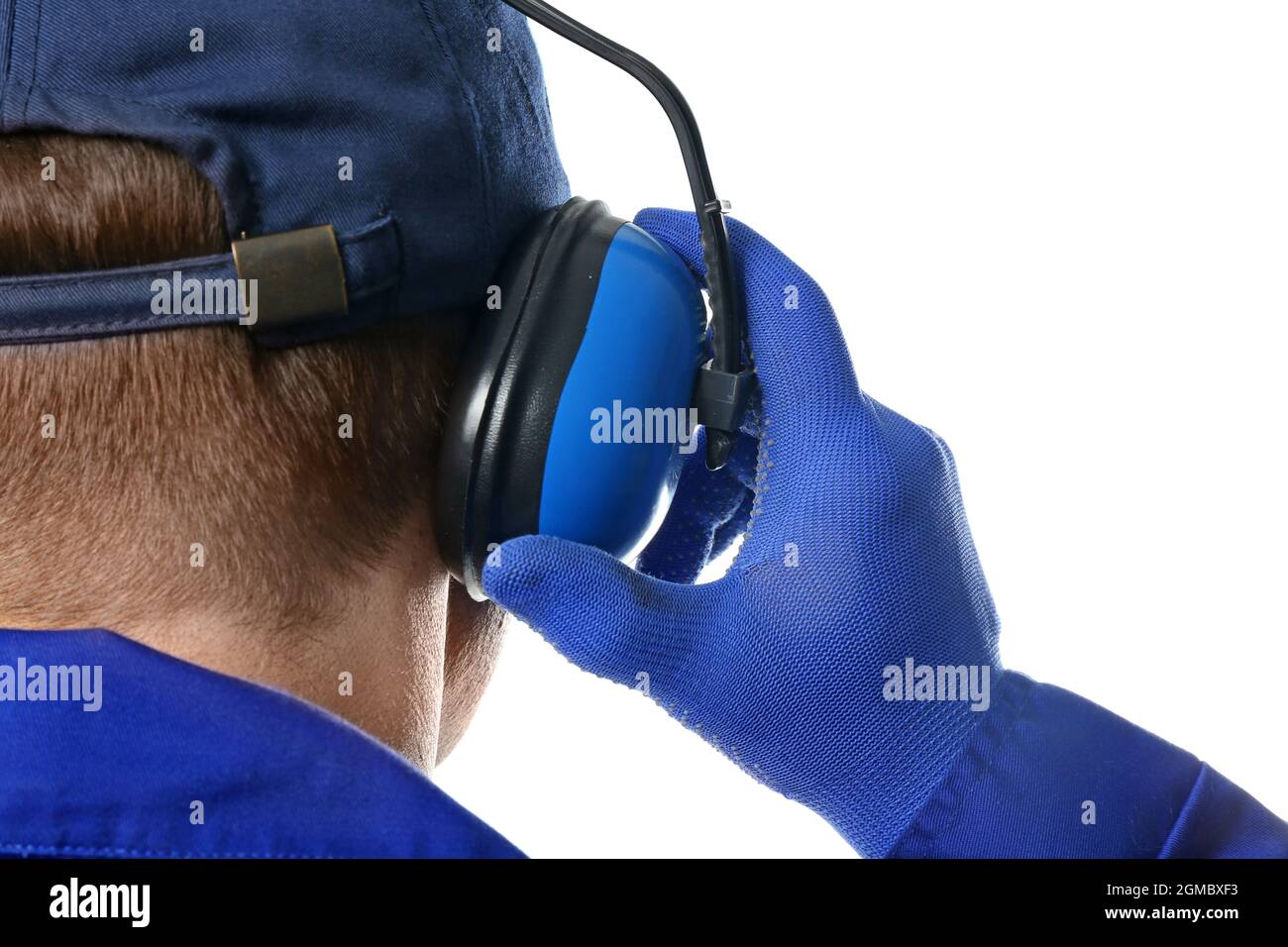 Male worker with hearing protectors on white background Stock Photo - Alamy