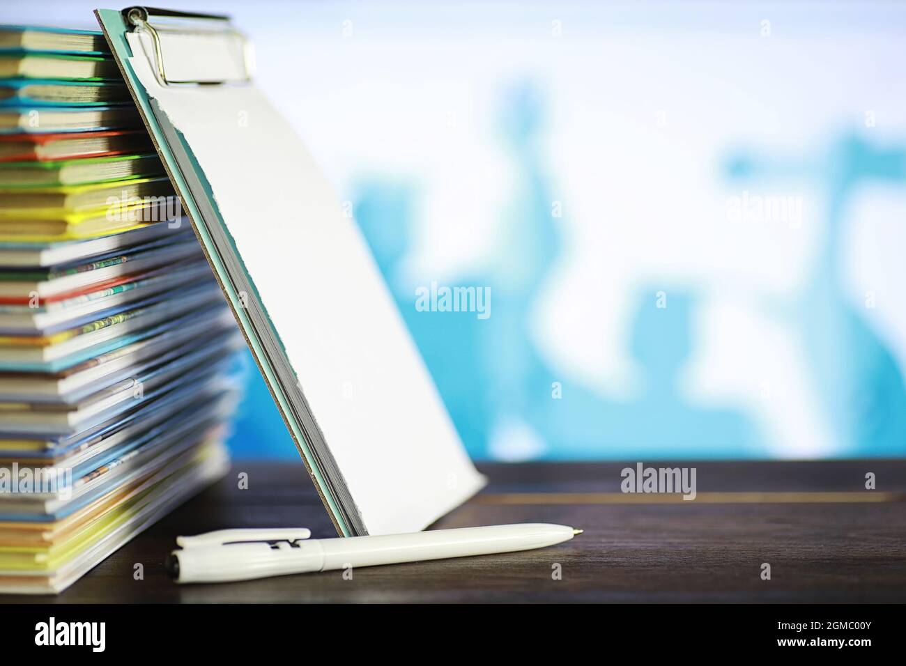 A stack of books. Textbooks on the table. Tutorials are on desk Stock ...