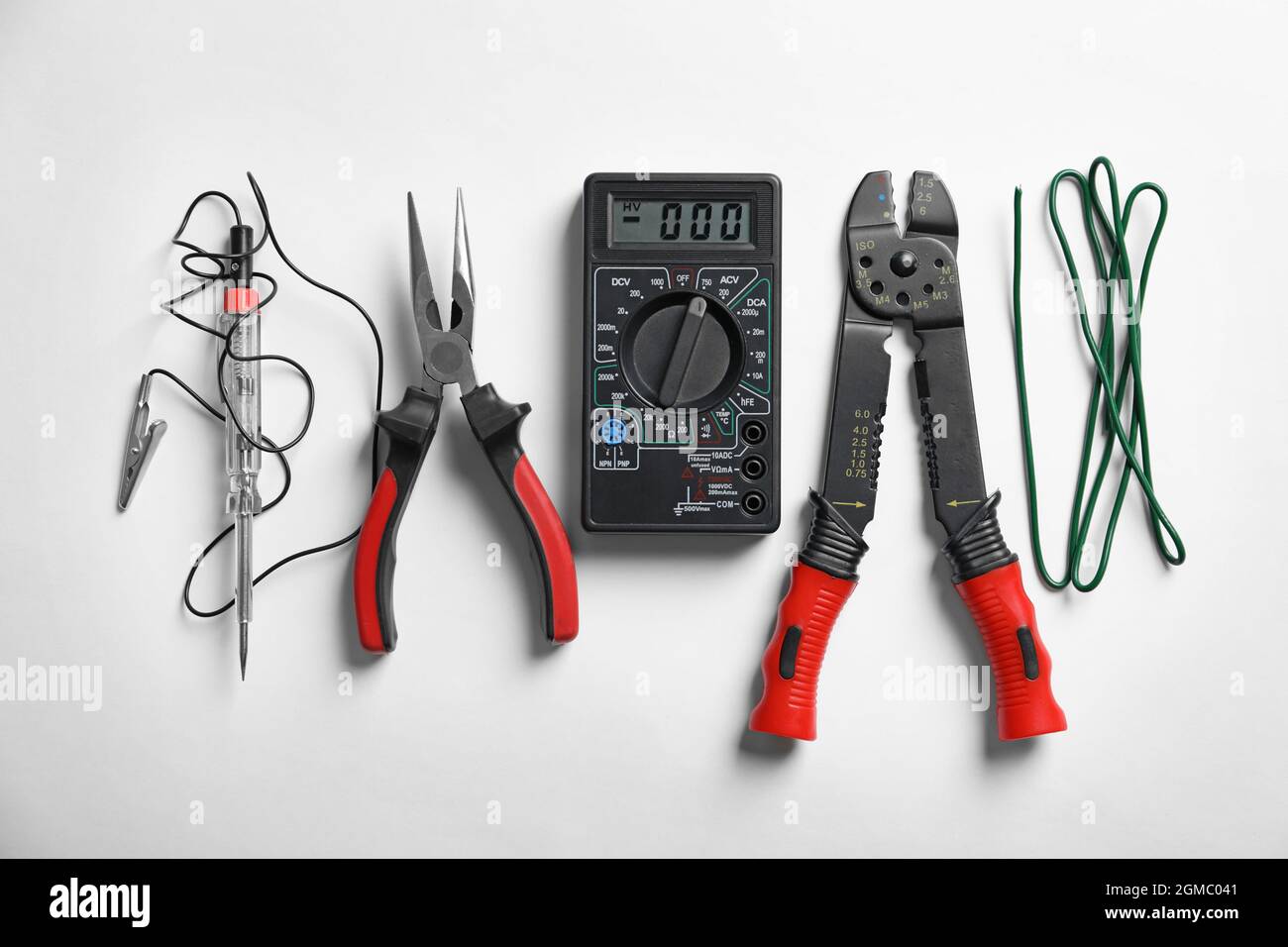 Different electrical tools on white background Stock Photo - Alamy
