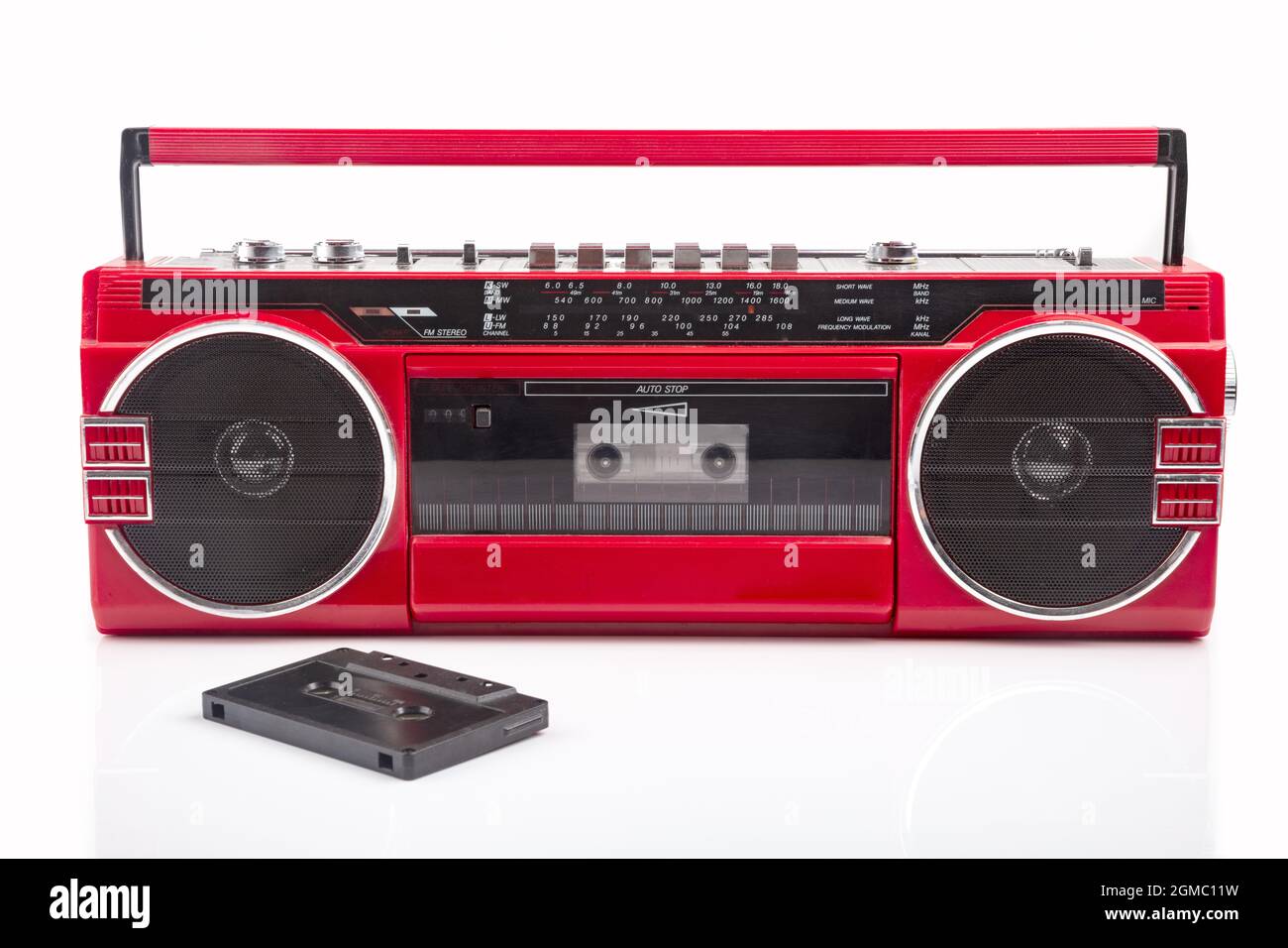 Red vintage Tape player isolated on white background with black ...