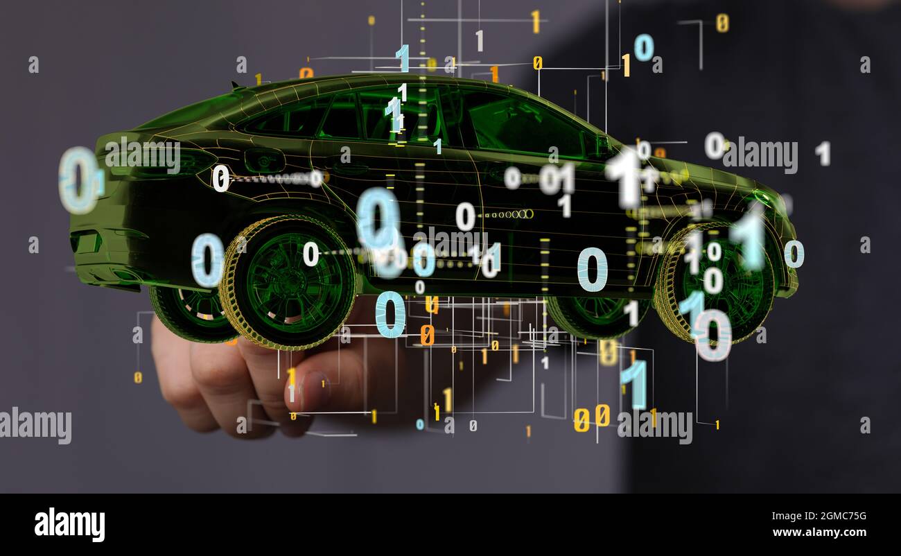 3D rendering of a digital car surrounded by binary codes Stock Photo ...