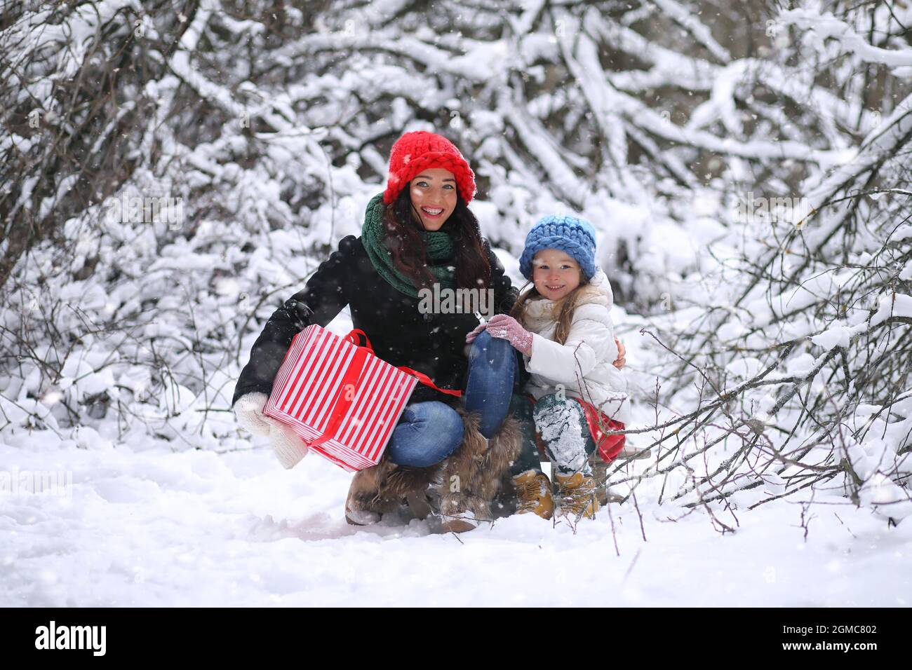Winter fairy tale, a young mother and her daughter ride a sled in the ...