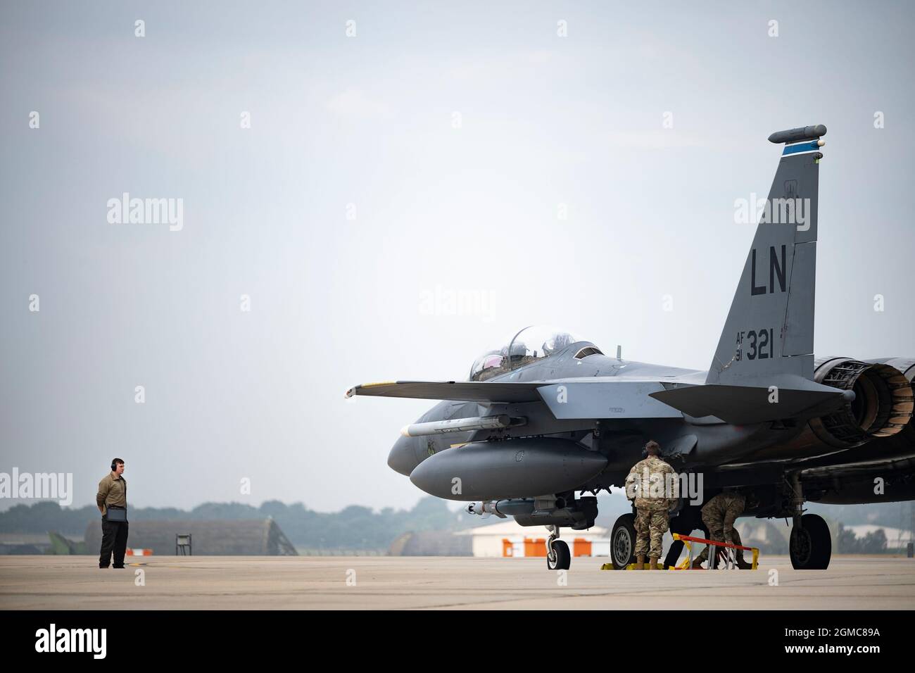 An F-15E Strike Eagle, assigned to the 492nd Fighter Squadron, receives final checks before ...