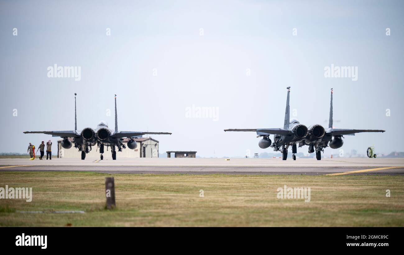 F-15E Strike Eagles, assigned to the 492nd Fighter Squadron, receive ...