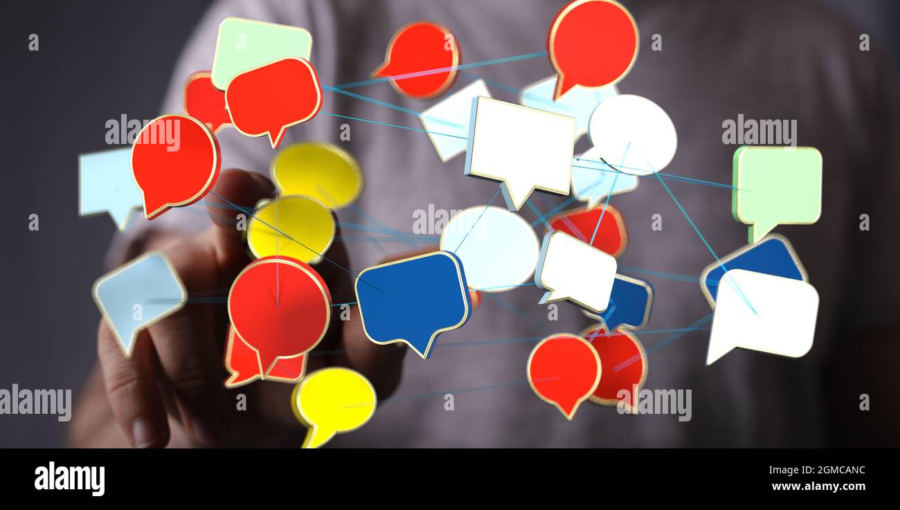 3D rendering of speak bubbles with hand tapping on it from behind ...