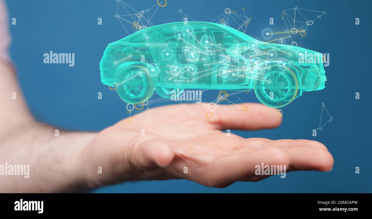3D rendering of a hand with digital car- concept for Autonomous car ...
