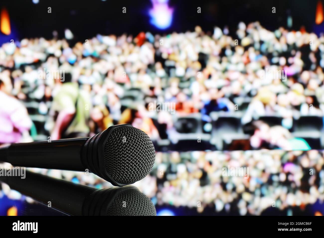 The microphone on the stage in front of the hall. Performance on stage ...