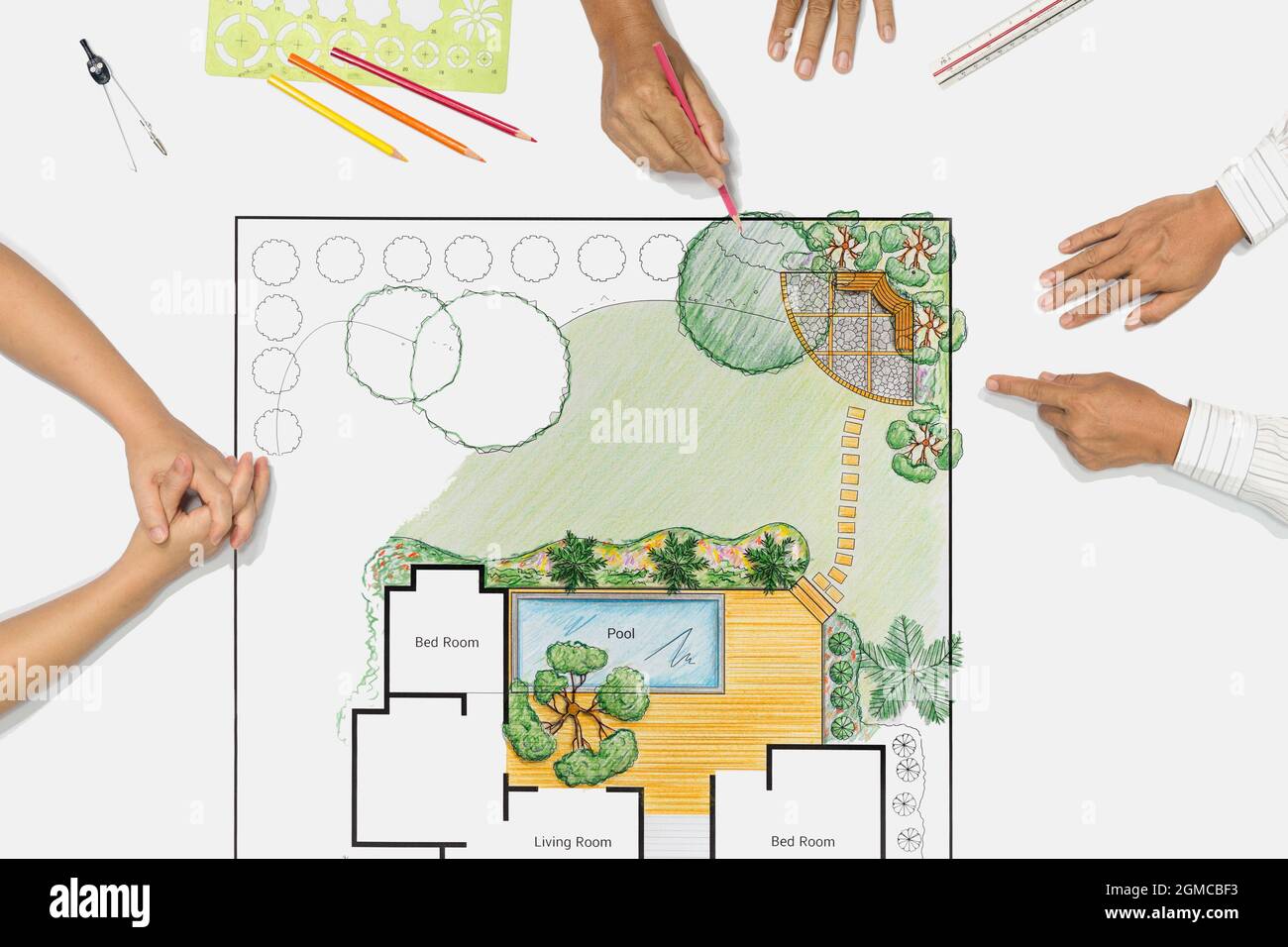 Landscape architect changing drawing at meeting with client Stock Photo ...