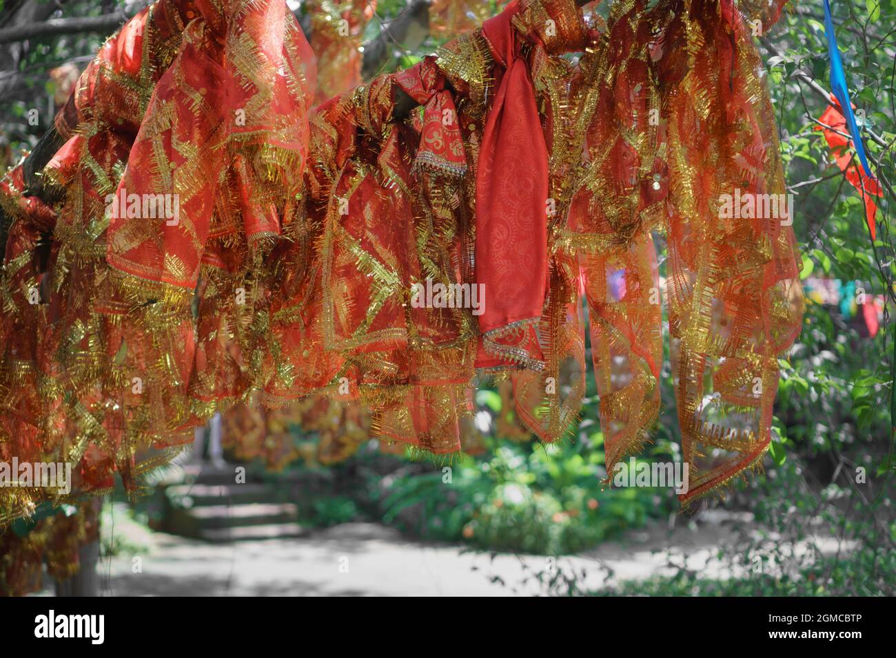 Red cloth wrapped around blessing tree in hinduism temple Stock Photo ...