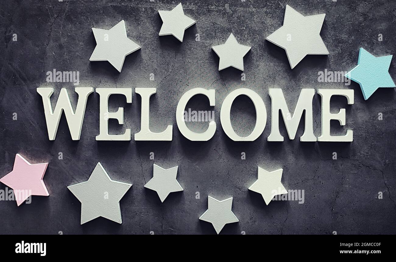 Background concept. The inscription Welcome on a dark background Stock ...