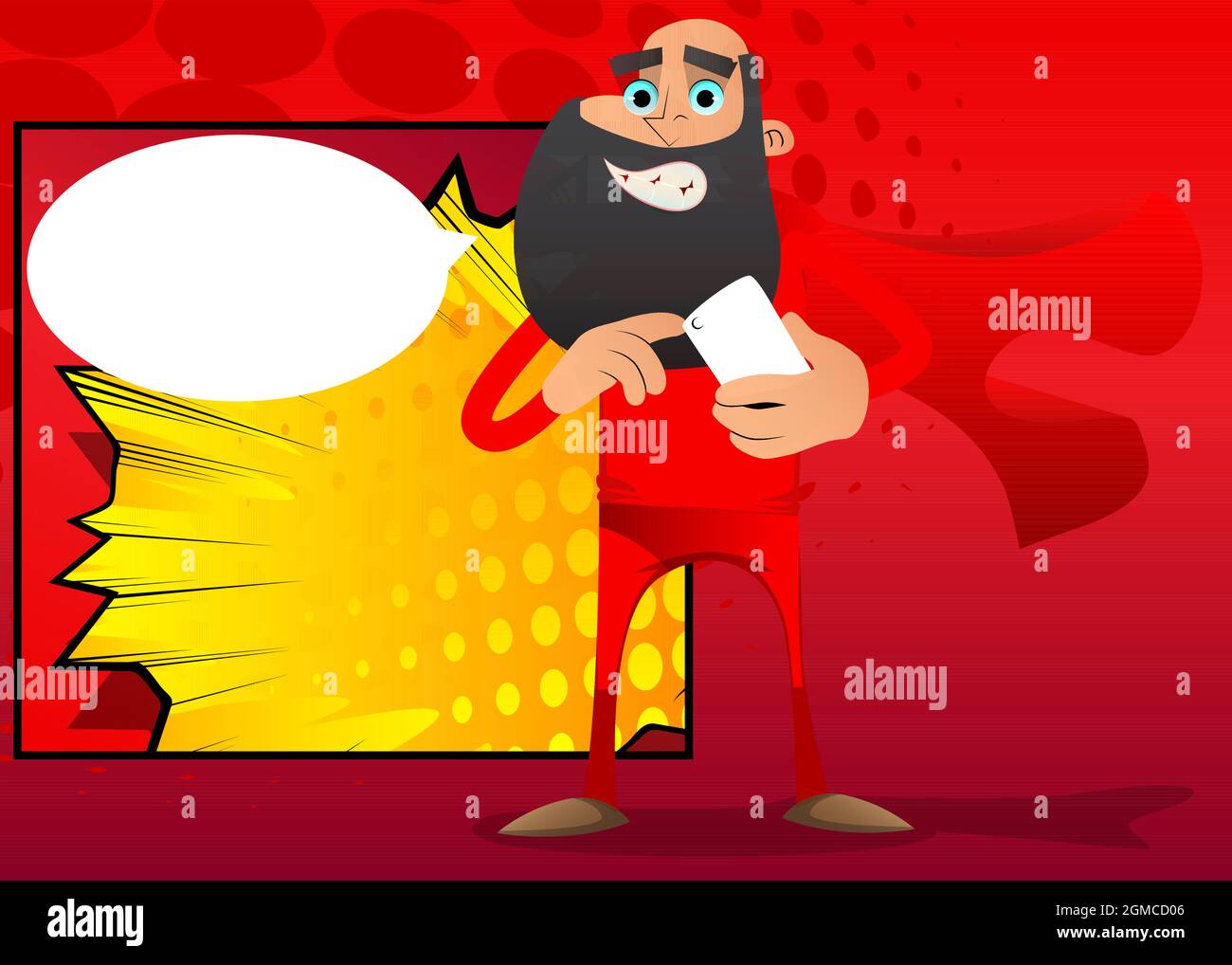 Funny cartoon man dressed as a superhero using a mobile phone. Vector ...