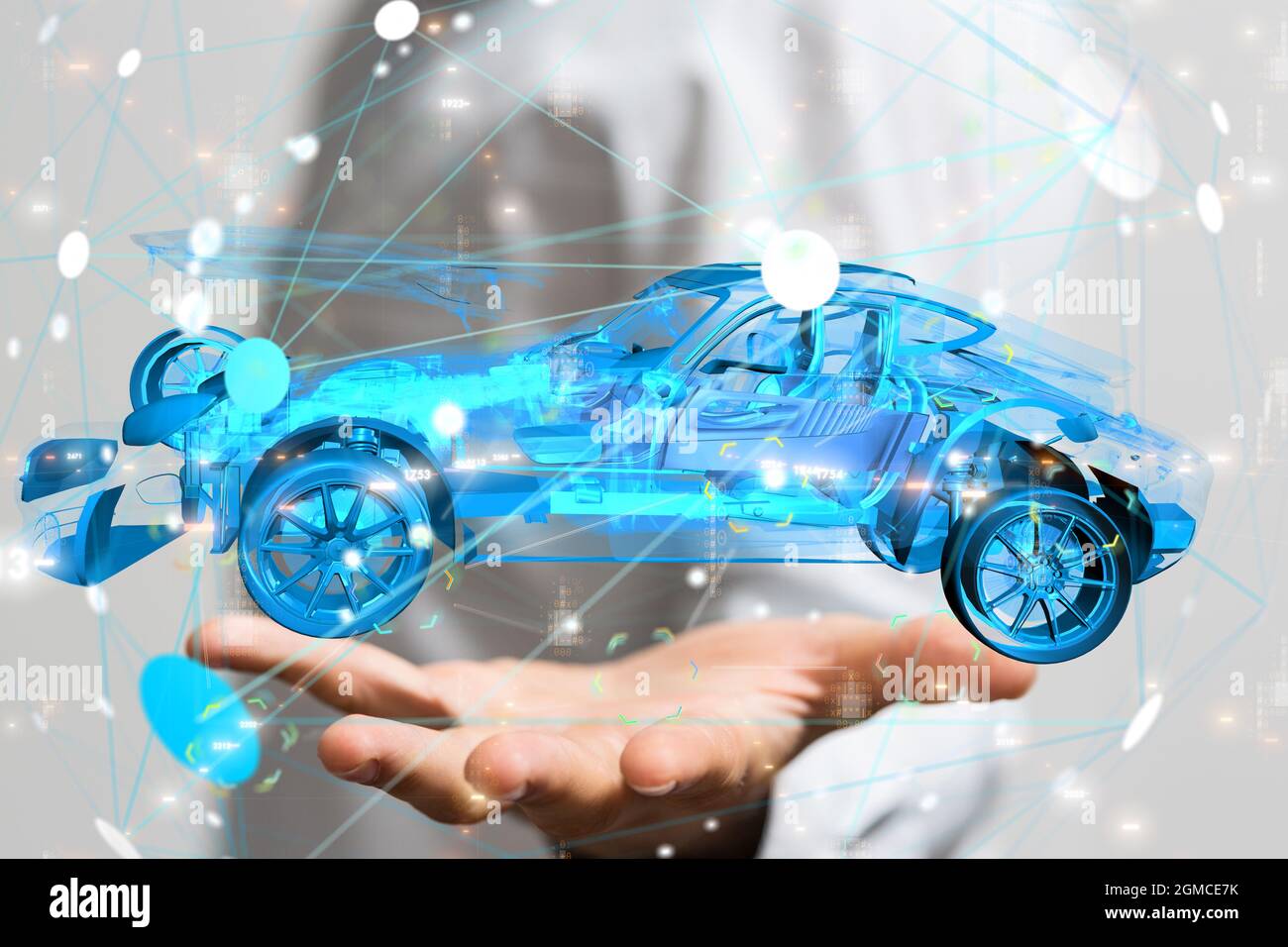 Man tapping on a 3D rendering of an autonomous electric car Stock Photo ...