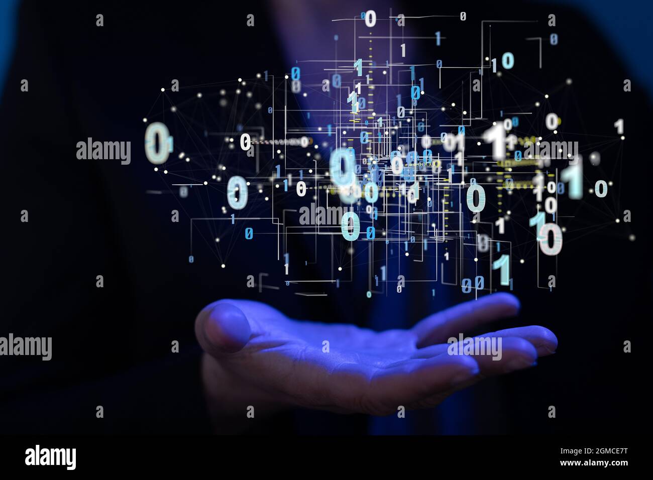 3D rendering of binary code and digital information on a man's palm ...