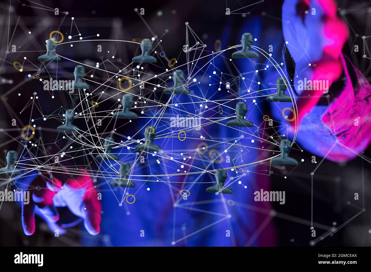 Businessman tapping on 3D rendered interconnected people - global ...