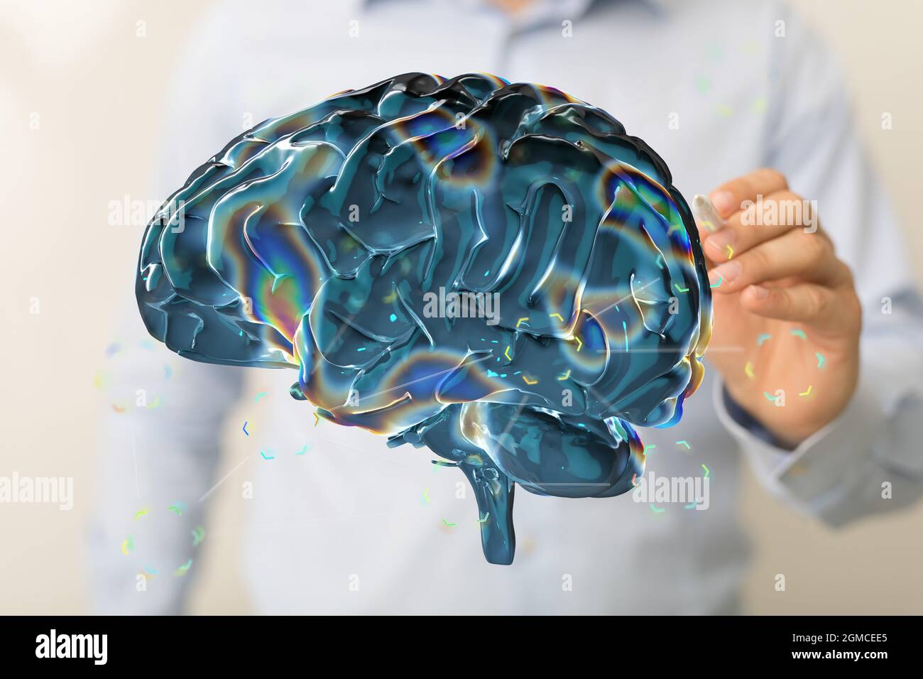 Man tapping on a 3D rendering of a brain - artificial intelligence and ...