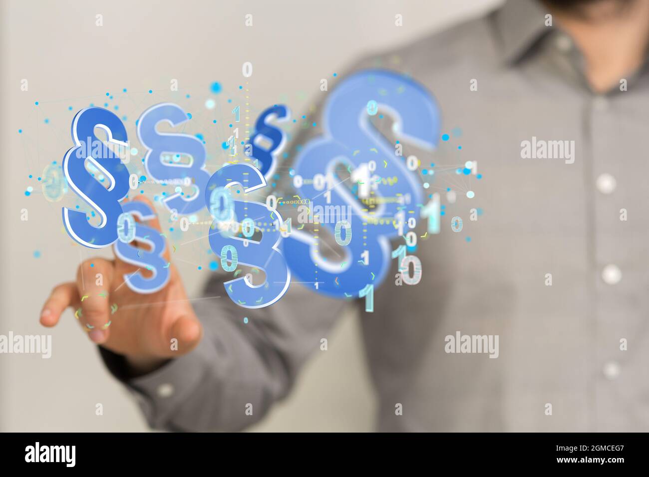 Man tapping on a 3D rendering of interconnected section sign and binary ...