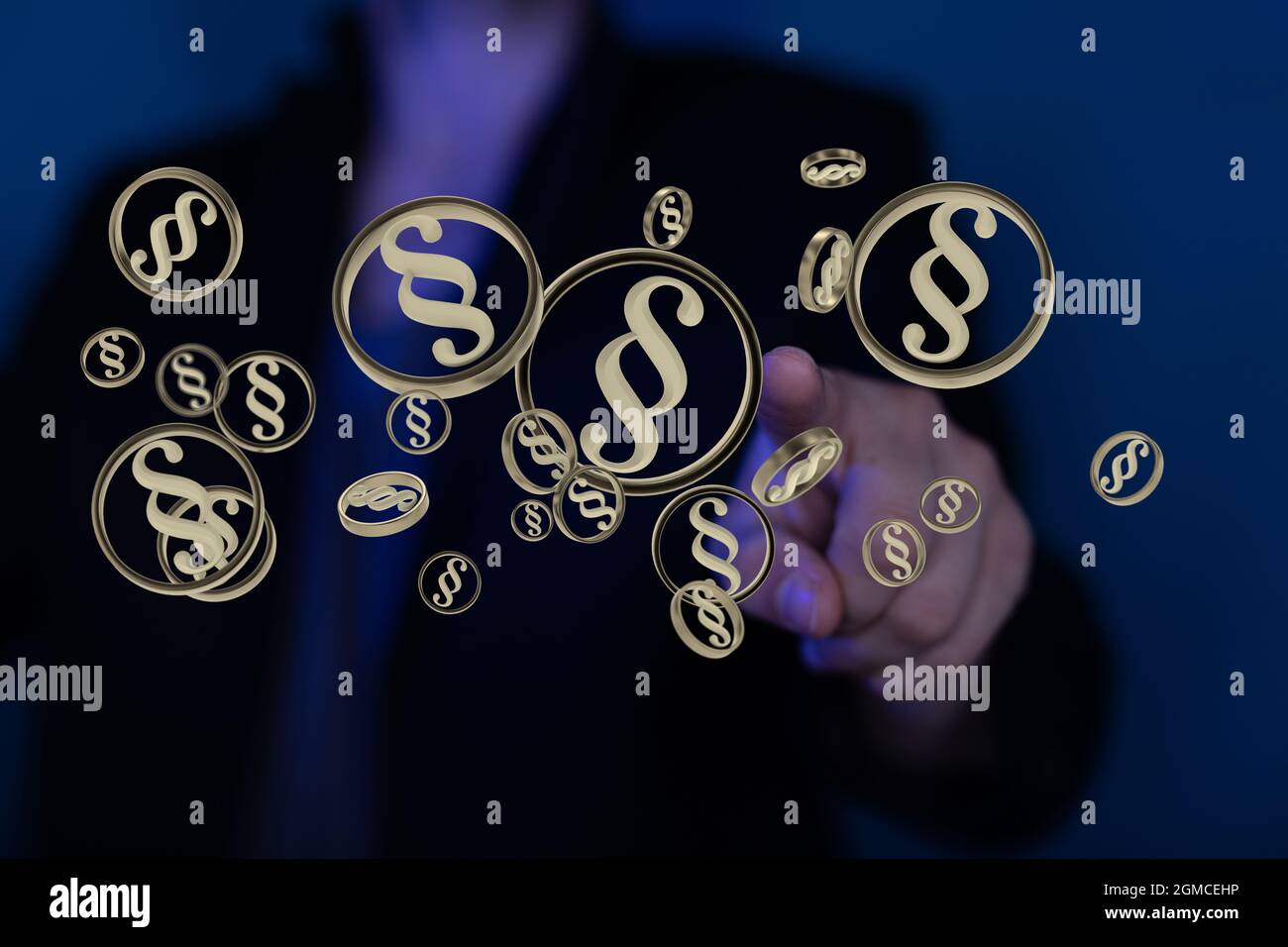 Man tapping on a 3D rendering of section sign symbols - legal ...