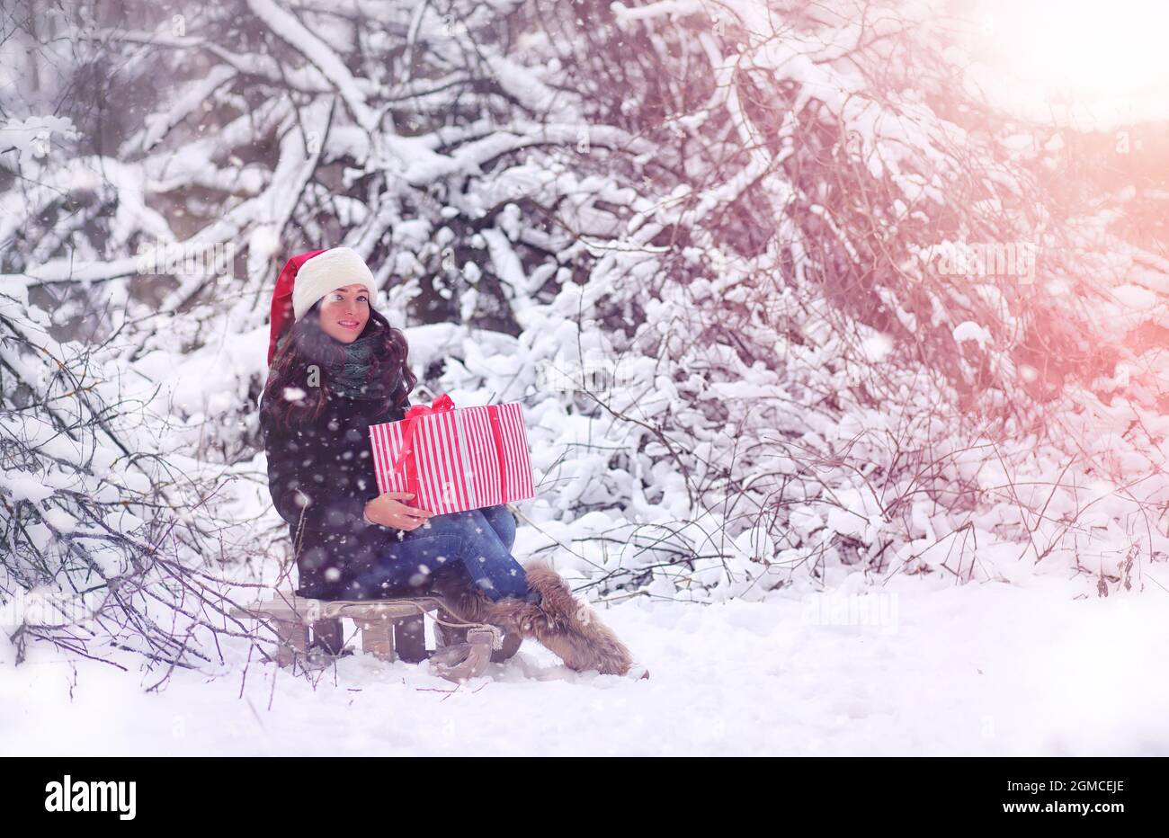 Winter fairy tale, a young mother and her daughter ride a sled in the ...