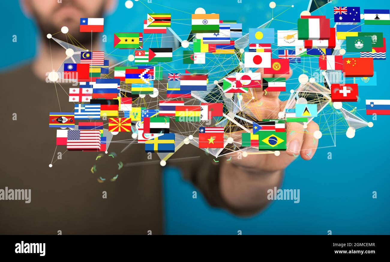 Businessman tapping on 3D rendered of interconnected flags - global ...
