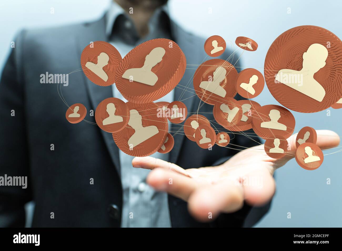 3D rendering of interconnected people on a man's palm - global ...