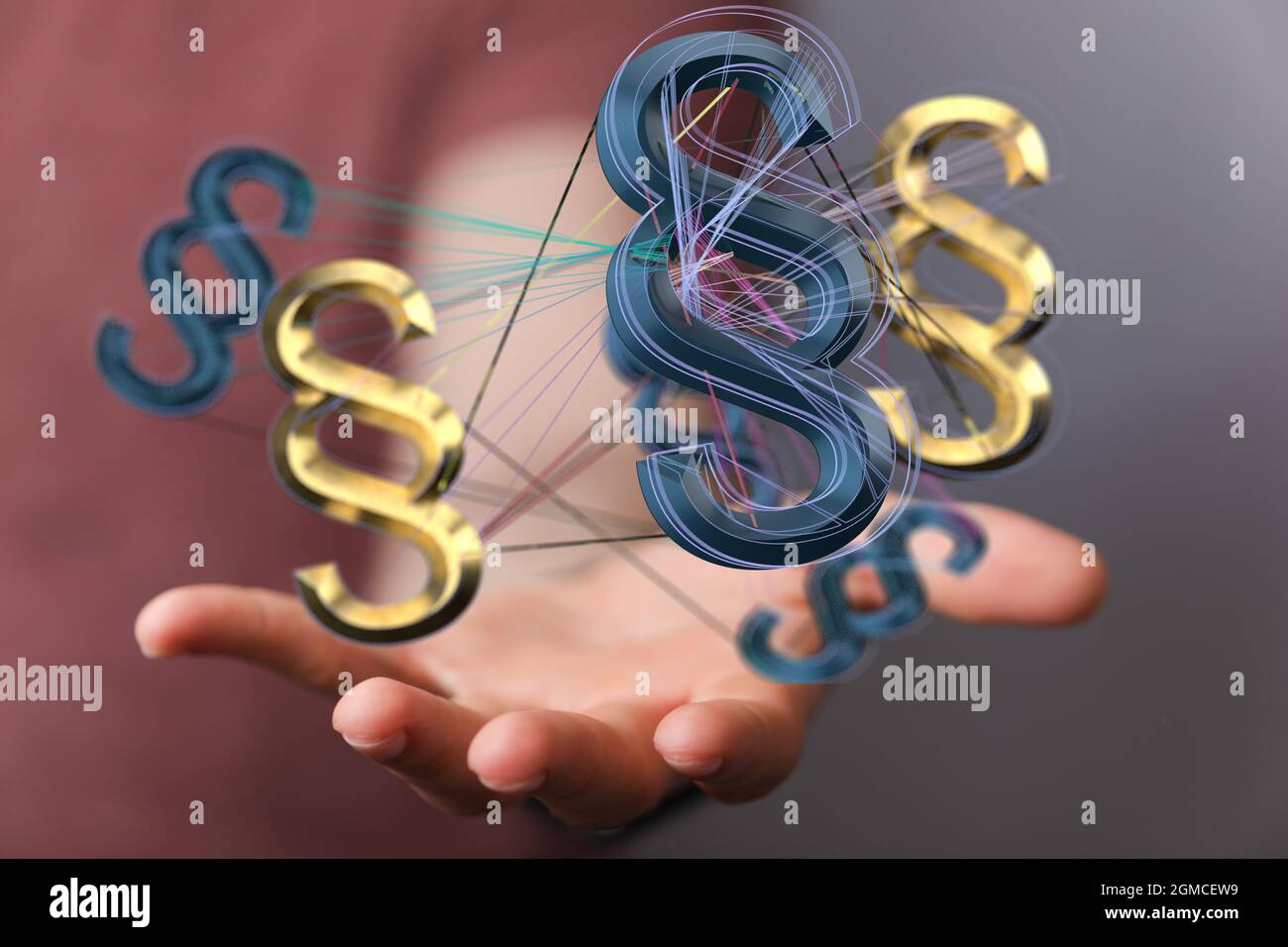 3D rendering of interconnected section sign symbols on a man's palm ...